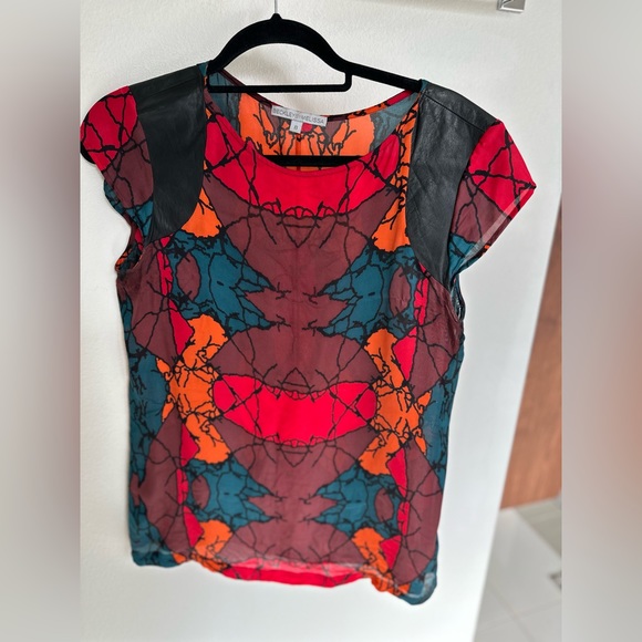 Tops | Silk Print Top With Leather Accent | Poshmark